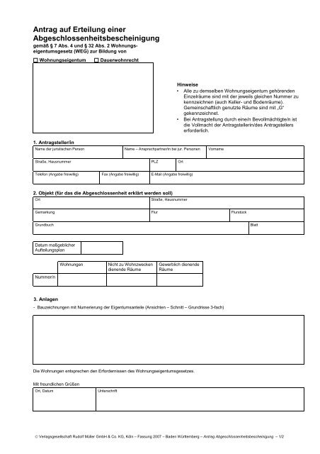 Antrag auf Erteilung einer Abgeschlossenheitsbescheinigung