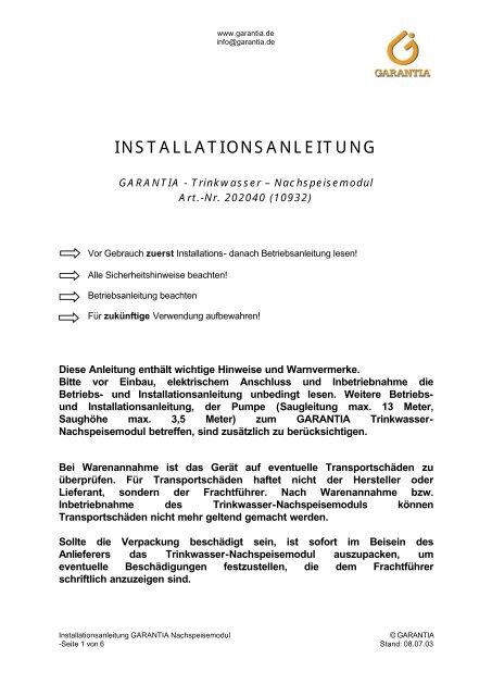 INSTALLATIONSANLEITUNG