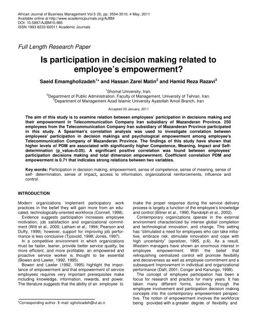 Is participation in decision making related to employee's - Academic ...