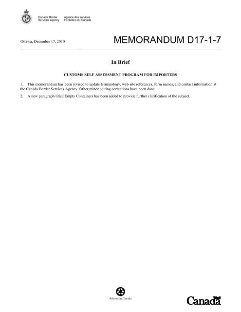 Memorandum D17 1 7 Customs Self Assessment Program For