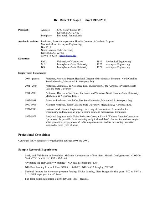 Dr. Robert T. Nagel short RESUME Professional Consulting: Sample ...