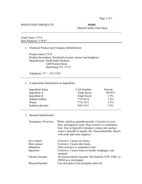 Page 1 of 5 SMITH PAINT PRODUCTS MSDS Material Safety Data ...