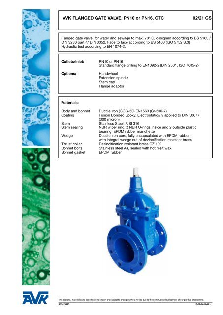 AVK FLANGED GATE VALVE, PN10 or PN16, CTC 02/21 GS