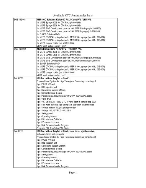 List of Available CTC Autosampler Parts