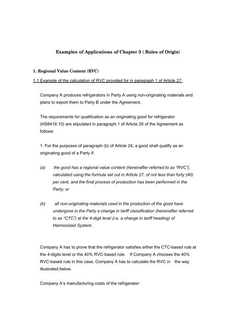 Examples of Applications of Chapter 3 ( Rules of Origin)