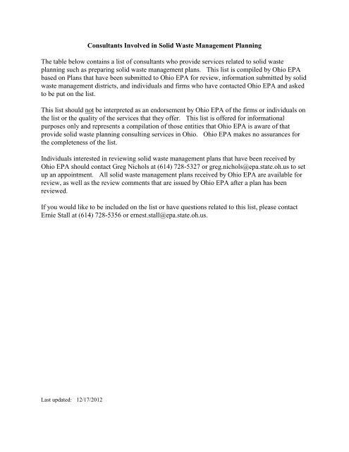 Consultants Involved in Solid Waste Management ... - Ohio EPA