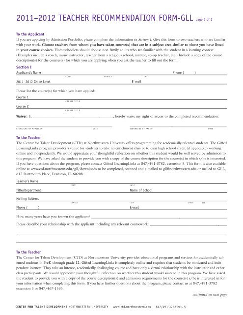 teacher recommendation - Center for Talent Development ...