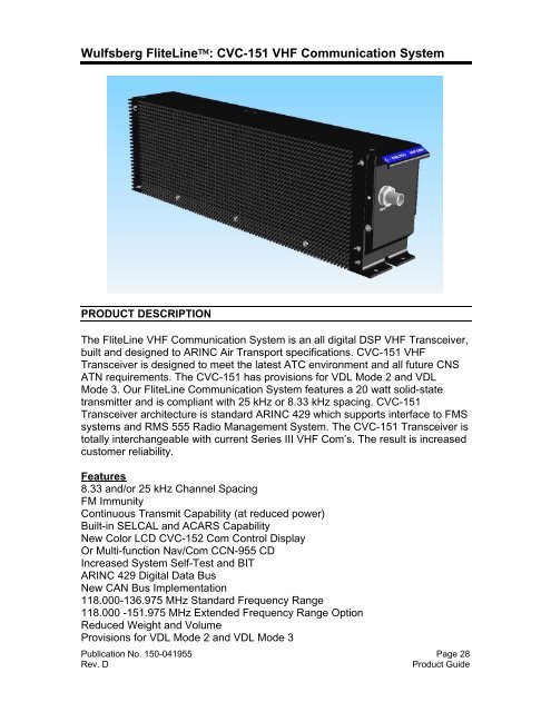 Wulfsberg FliteLine™: CVC-151 VHF Communication System