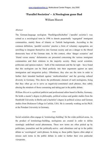 'Parallel Societies' – A Neologism gone Bad William Hiscott