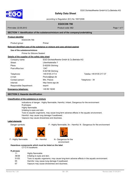 safety data sheet 790 - EGO - Dichtstoffwerke