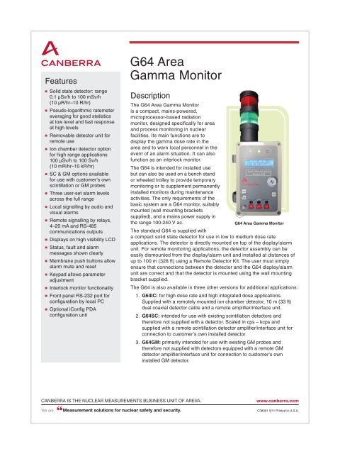 G64 Area Gamma Monitor Data Sheet - CANBERRA Industries