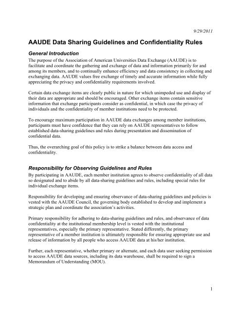 AAUDE Data Sharing Guidelines and Confidentiality Rules