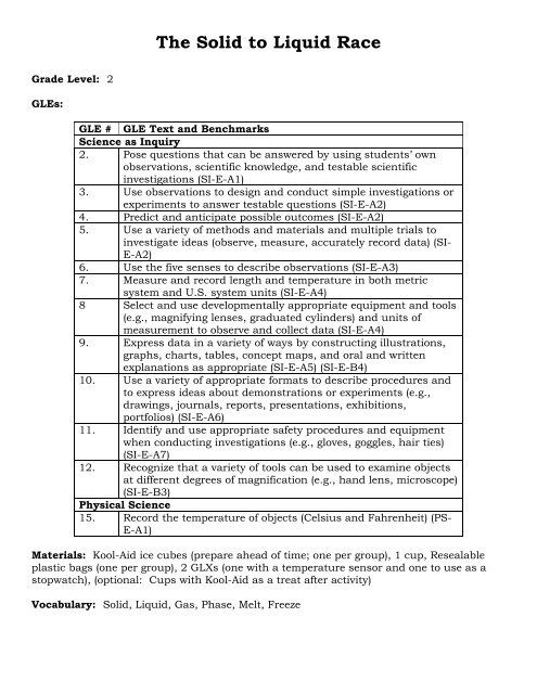 The Solid to Liquid Race Activity Materials