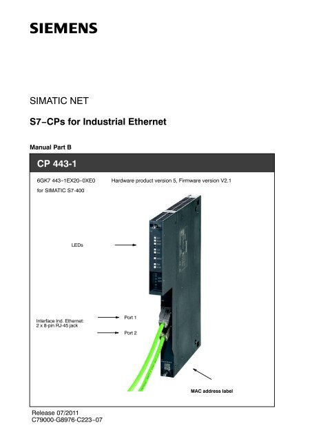 SIMATIC NET S7−CPs for Industrial Ethernet CP 443-1 - Siemens