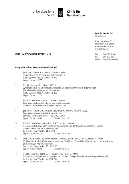 UniversitätsSpital Zürich u Klinik für Gynäkologie UniversitätsSpital Zürich u Klinik für Gynäkologie