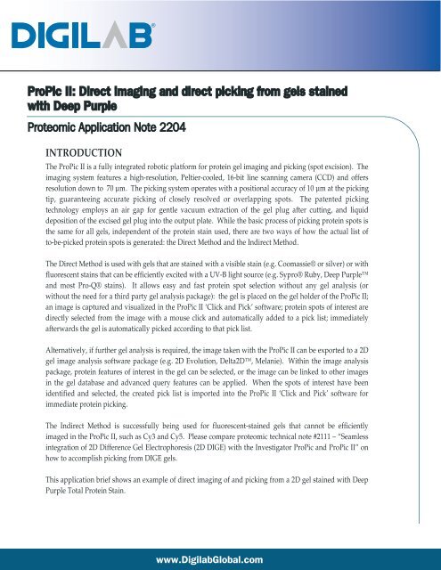 ProPic II: Direct imaging and direct picking from gels stained - Digilab