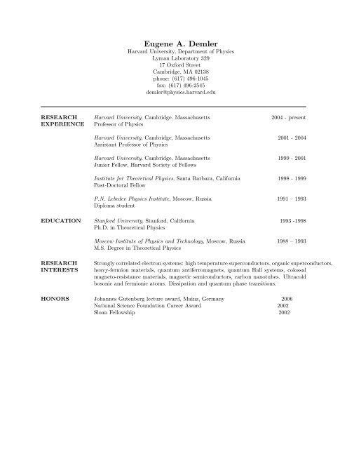 Eugene A. Demler - Condensed Matter Theory at Harvard University