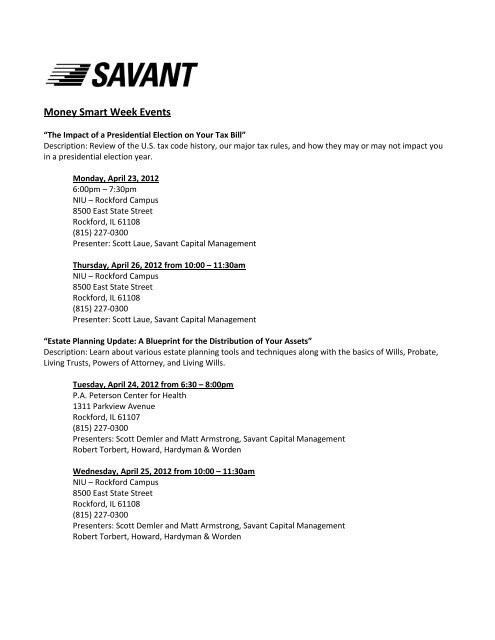 Money Smart Week Events - Savant Capital Management