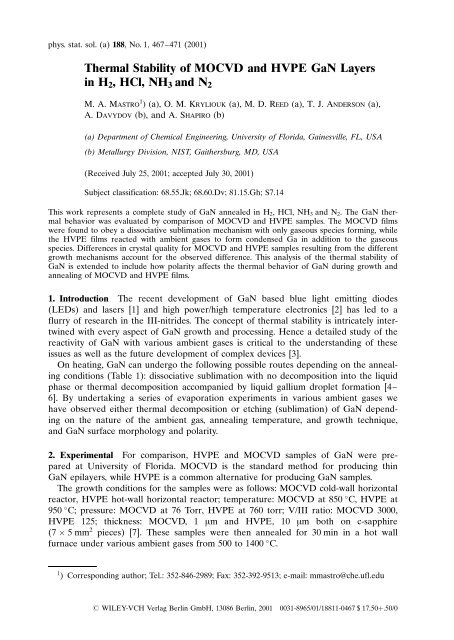 Thermal Stability of MOCVD and HVPE GaN Layers in H2 ... - CTCMS