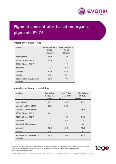 Pigment concentrates based on organic pigments PY 74