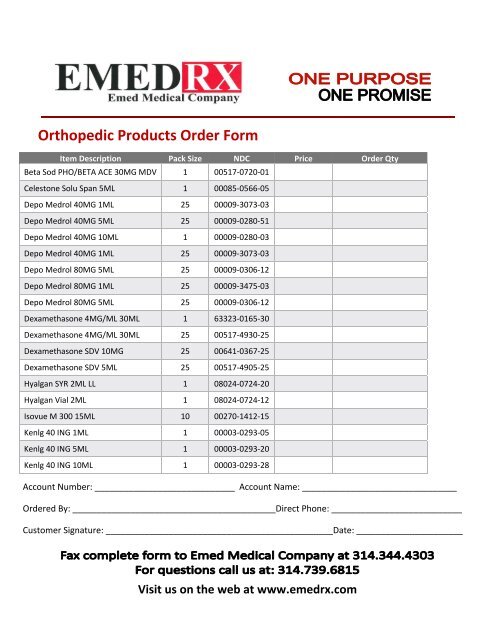 Orthopedic Products Order Form - EMED MEDICAL COMPANY