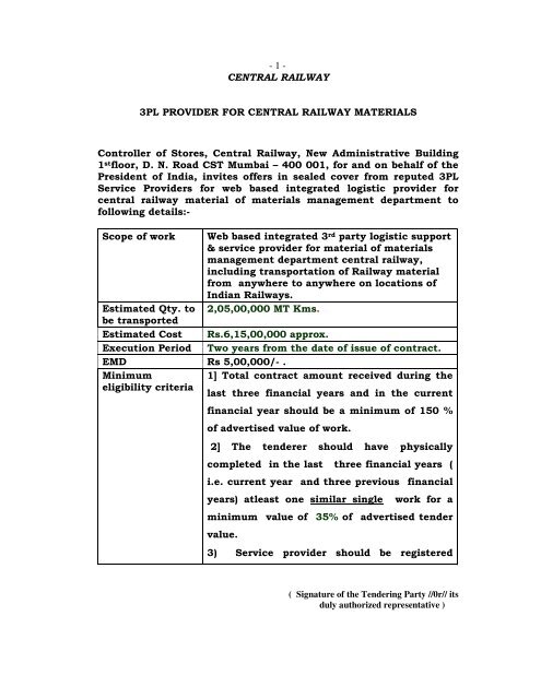 Expression of interest for 3PL tender - Central Railway - Indian ...