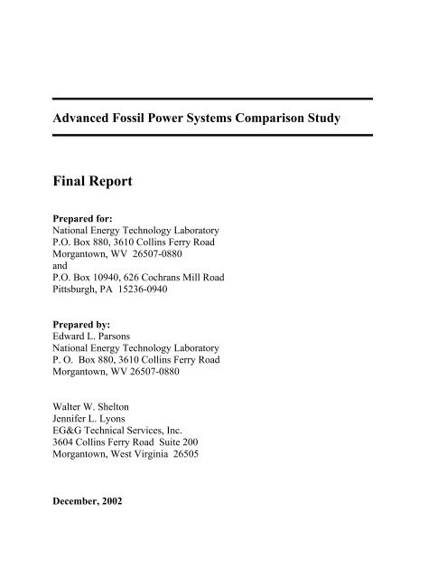 Advanced Fossil Power Systems Comparison Study - National ...