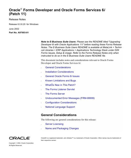 Oracle Forms Developer And Oracle Forms Services 6i Patch 11
