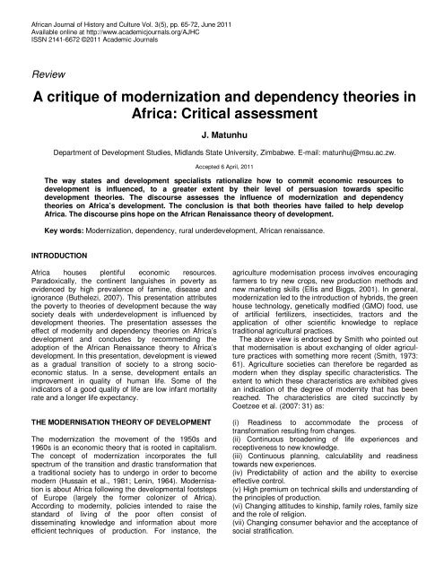 A critique of modernization and dependency theories in - Academic ...