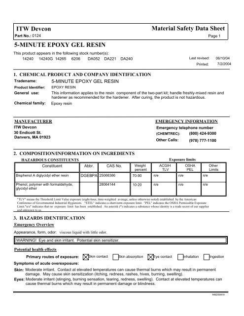 ITW Devcon Material Safety Data Sheet - TAP Plastics
