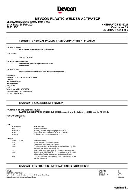 devcon plastic welder activator - ITW Polymers and Fluids