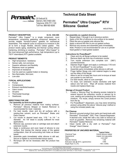 Technical Data Sheet Permatex Ultra Copper RTV Silicone ... - Devcon