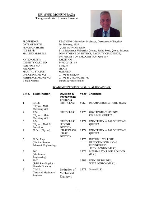 Dr. Syed Mohsin Raza - University of Balochistan,Quetta