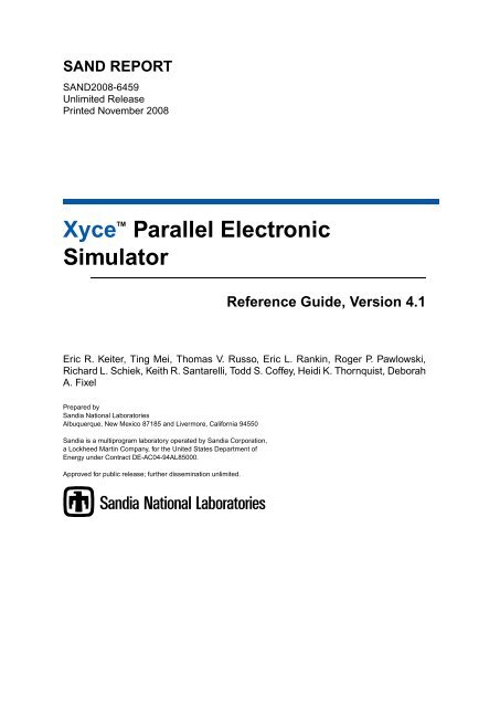XyceTM Parallel Electronic Simulator - Xyce - Sandia National ...