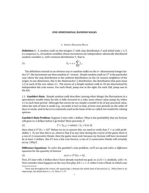 ONE-DIMENSIONAL RANDOM WALKS Definition 1 ... - Bad Request
