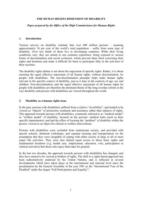 1 THE HUMAN RIGHTS DIMENSION OF DISABILITY Paper ... - Aifo