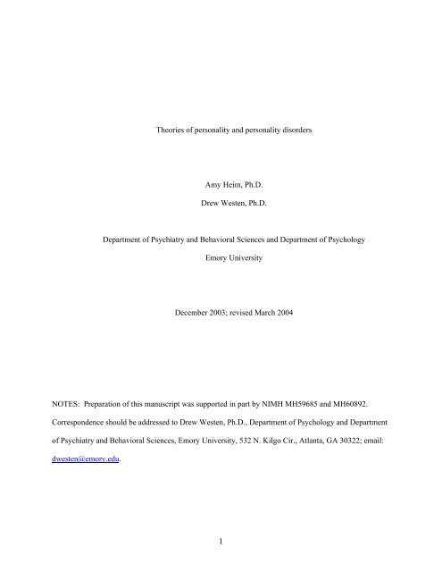 Theories of personality and personality disorders Amy Heim, Ph.D ...