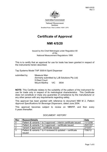 Certificate of Approval NMI 4/5/20 - National Measurement Institute