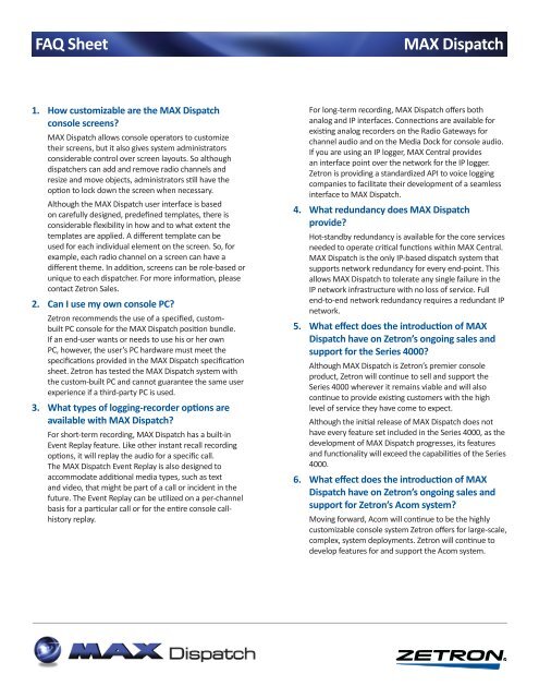 MAX Dispatch FAQ Sheet - Zetron