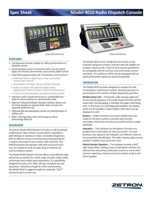 Model 4010 Radio Dispatch Console Spec Sheet - Zetron