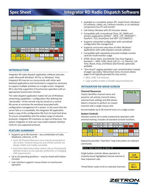 Integrator RD Radio Dispatch Software Spec Sheet - Zetron