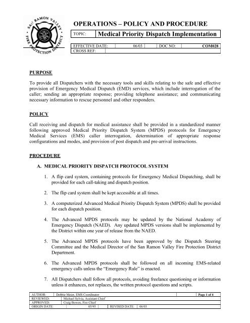 Medical Priority Dispatch Implementation - San Ramon Valley Fire