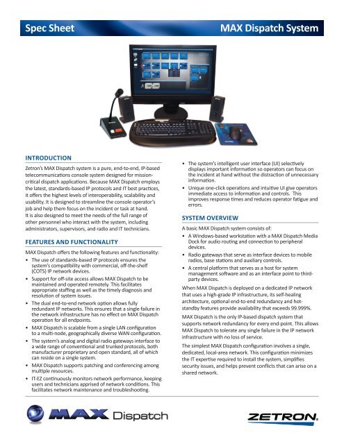 MAX Dispatch System Spec Sheet - Zetron