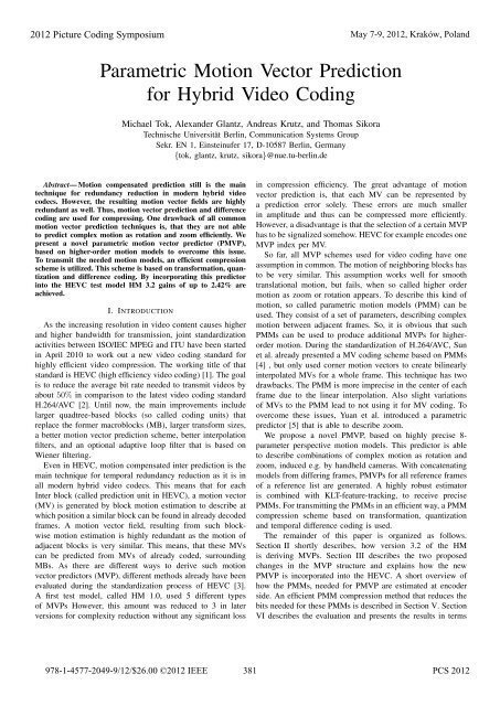 Parametric Motion Vector Prediction For Hybrid Video Coding