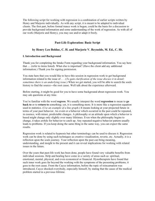 Past-Life Exploration: Basic Script by Henry Leo Bolduc, C. H. and ...