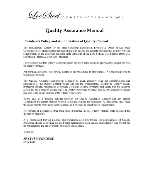Quality Assurance Manual - Leo Steel Construction Company