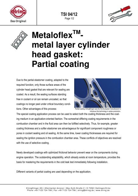 Metaloflex - metal layer cylinder head gasket: Partial coating - Elring