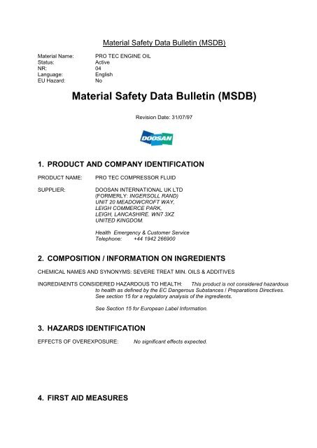 Material Safety Data Bulletin (MSDB) - Air Equipment