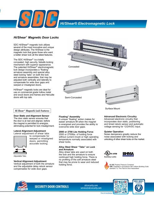 Hi/Shear® Electromagnetic Lock - SDC Security Door Controls
