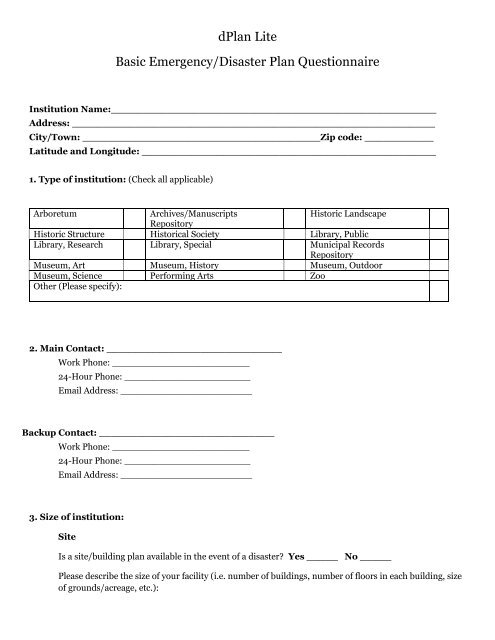 dPlan Lite Basic Emergency/Disaster Plan Questionnaire - Megalink